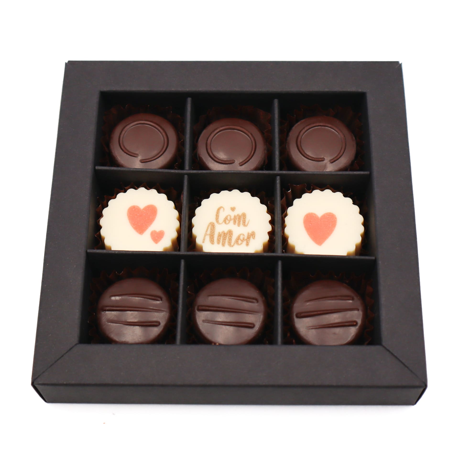 Caixa 9 Chocolates - Chocolates com Mensagens de Amor - Pedaços de Cacau